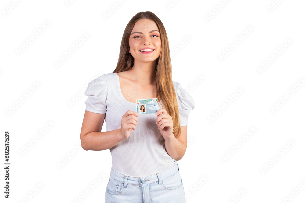 Blonde Brazilian woman holding a motor vehicle driver's license ...