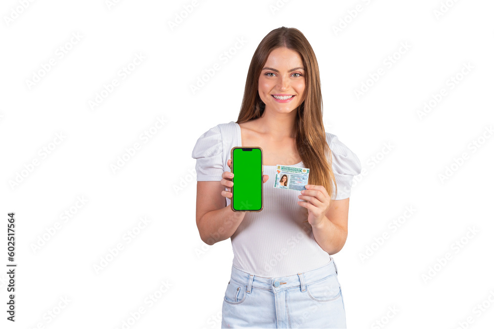 Blonde Brazilian woman holding a motor vehicle driver's license and ...
