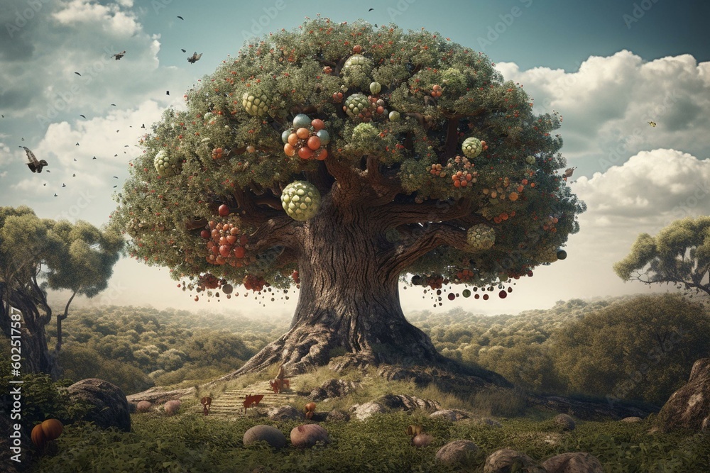 Cartoon fantasy art depicting a peculiar oak tree of life bearing polka ...