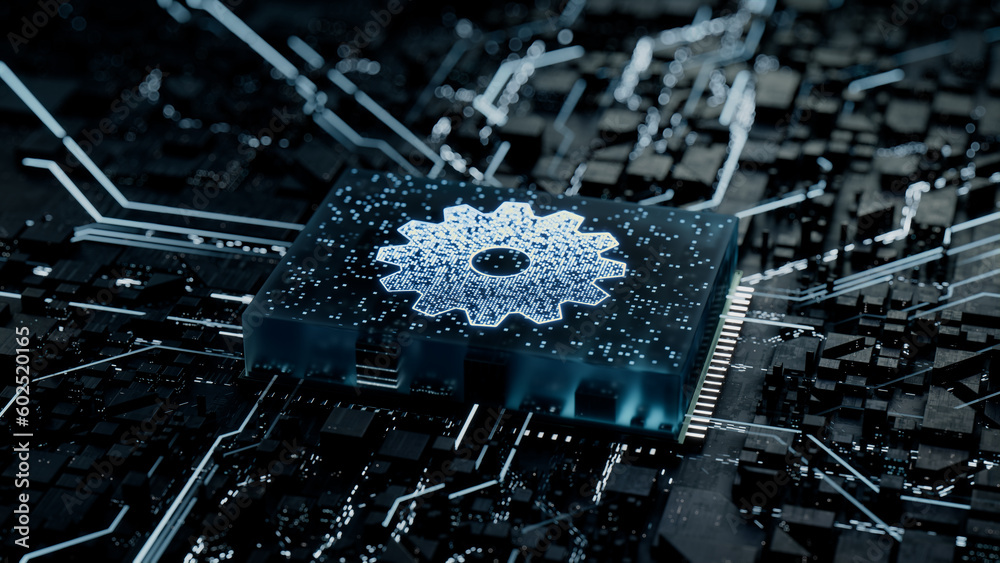 Configure Technology Concept with cog symbol on a Microchip. Data flows ...