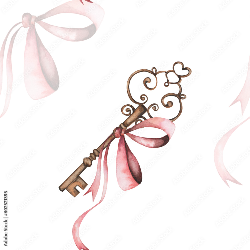 seamless watercolor pattern with bows and keys. vintage beautiful ...