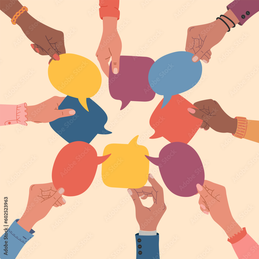Diverse human hands holding speech bubbles, people exchange ideas. Team ...