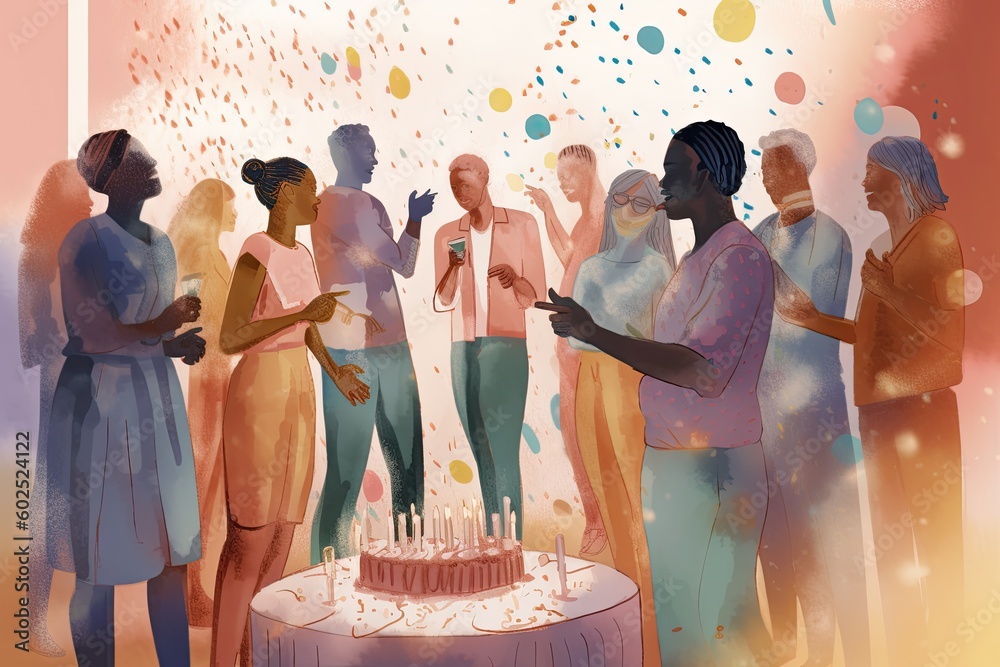 Cartoon illustration company of friends celebrate birthday, party ...