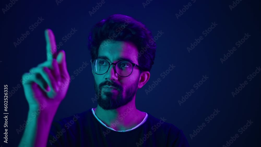 Infographic hologram backdrop template ultraviolet neon background pensive man hi-tech ...