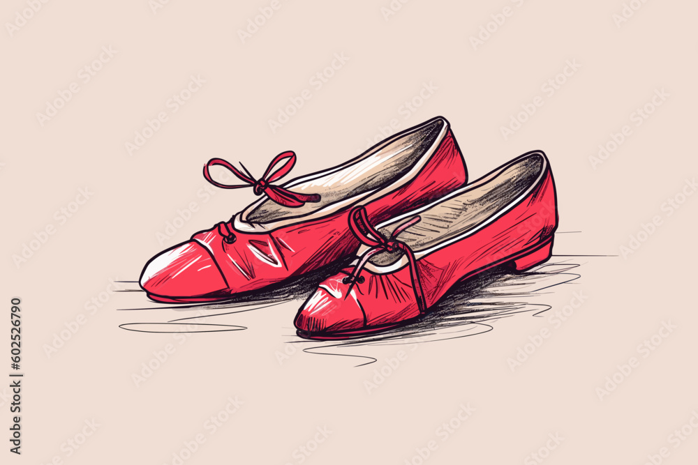 Doodle inspired Pointe shoes, cartoon sticker, sketch, vector ...
