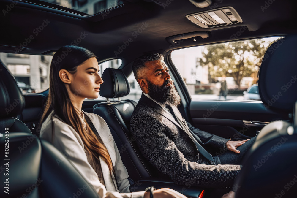Uber driver sitting in car with female passenger. Personal transport ...