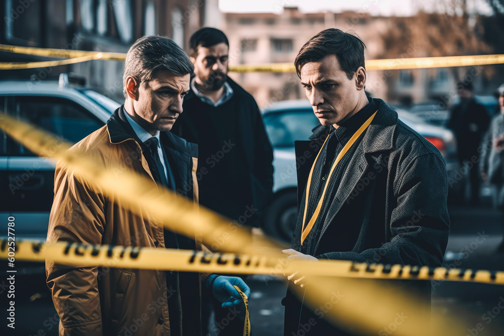 Arriving at crime scene. Crossing yellow police tape. Two detectives on ...