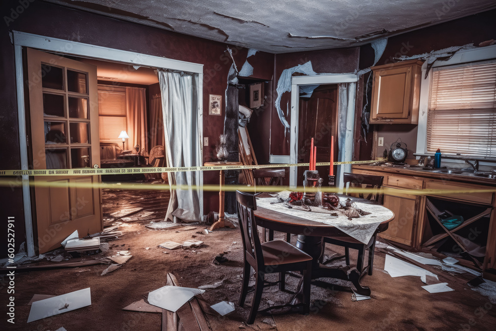 Home invasion. Crime scene in a wrecked furnished home. Crime problems ...