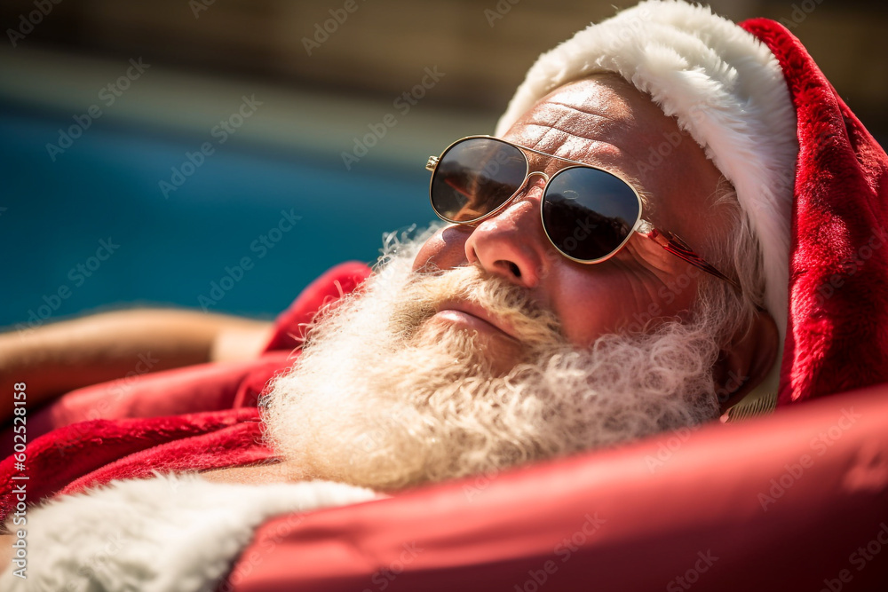 A chubby Santa Claus is lying on a lounger by the pool, wearing ...