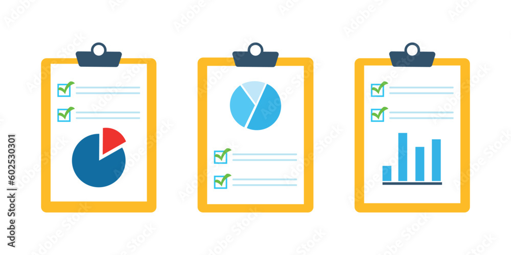Set of document icons with a pie chart, a graph marked with a green ...