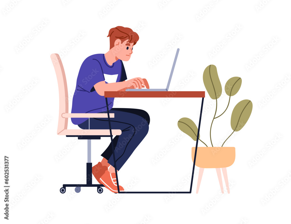 Person sitting at desk, working at laptop. Sad serious man in chair ...