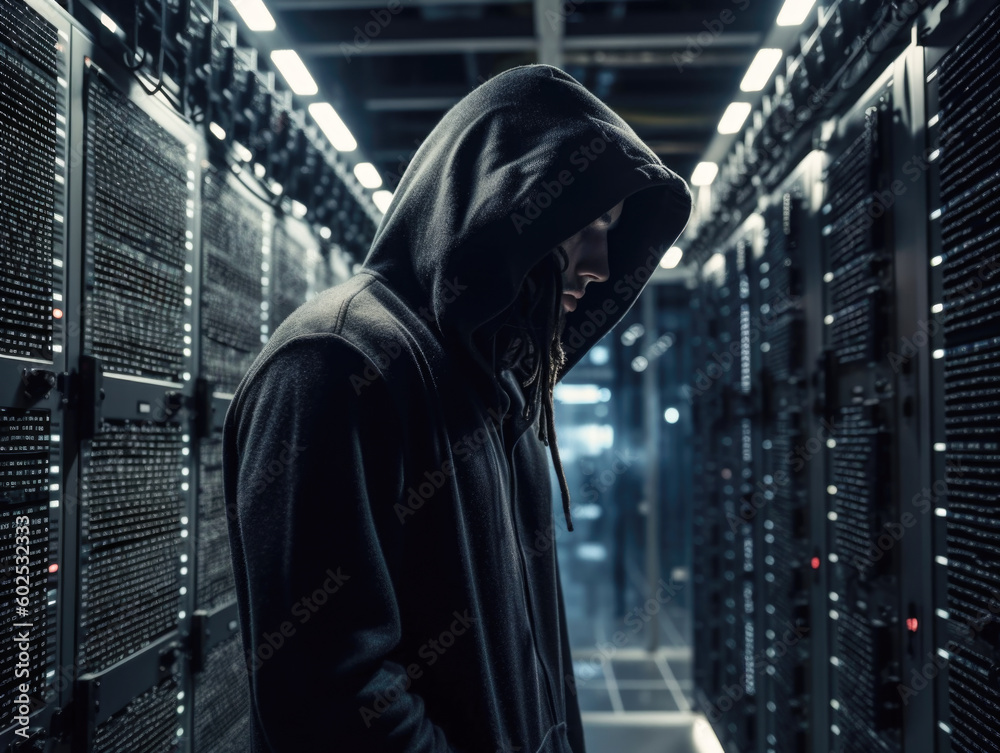 Shot of a Masked Hacker in a Hoodie Running Away and Watching Back with ...