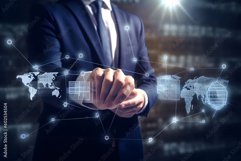 Businessman holding virtual interface panel of global logistics network ...