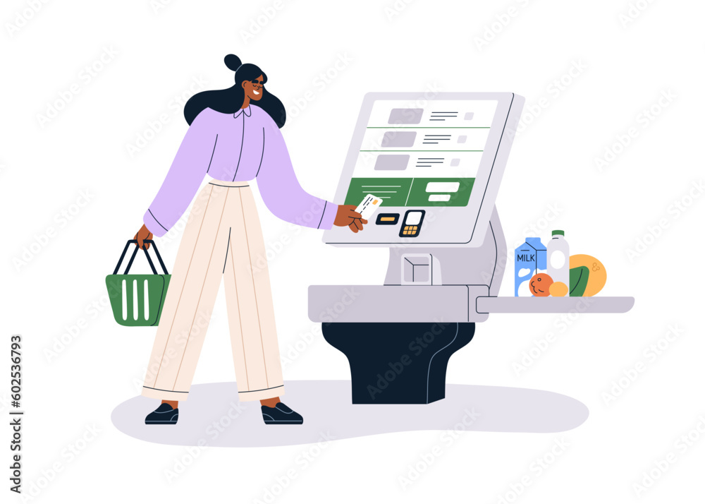 Self-service cashier, checkout terminal in grocery store. Customer ...