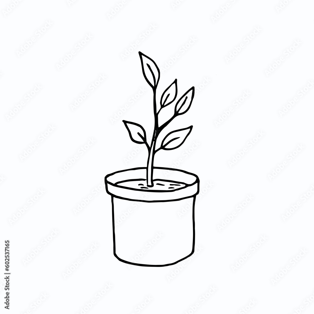 Houseplant. Plant outline drawing vector illustration. Hand drawn ...