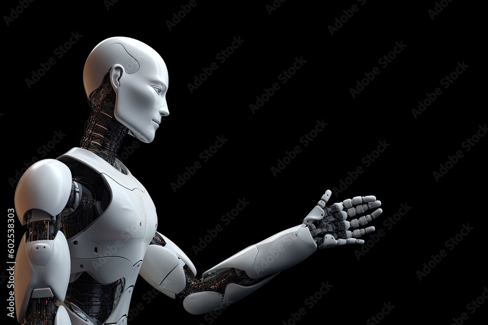 Ultra realistic white robot extends its hand as a greeting. Generative ...