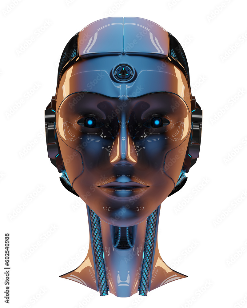 Isolated woman robot head with modern studio lights. 3d rendering of ...