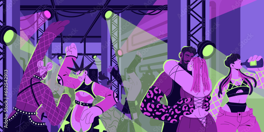 Techno rave party. Young modern cool people dancing at disco, night ...