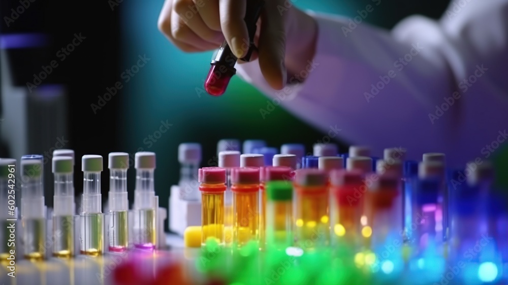 Illustration of science lab with chemistry flasks and hands wearing ...