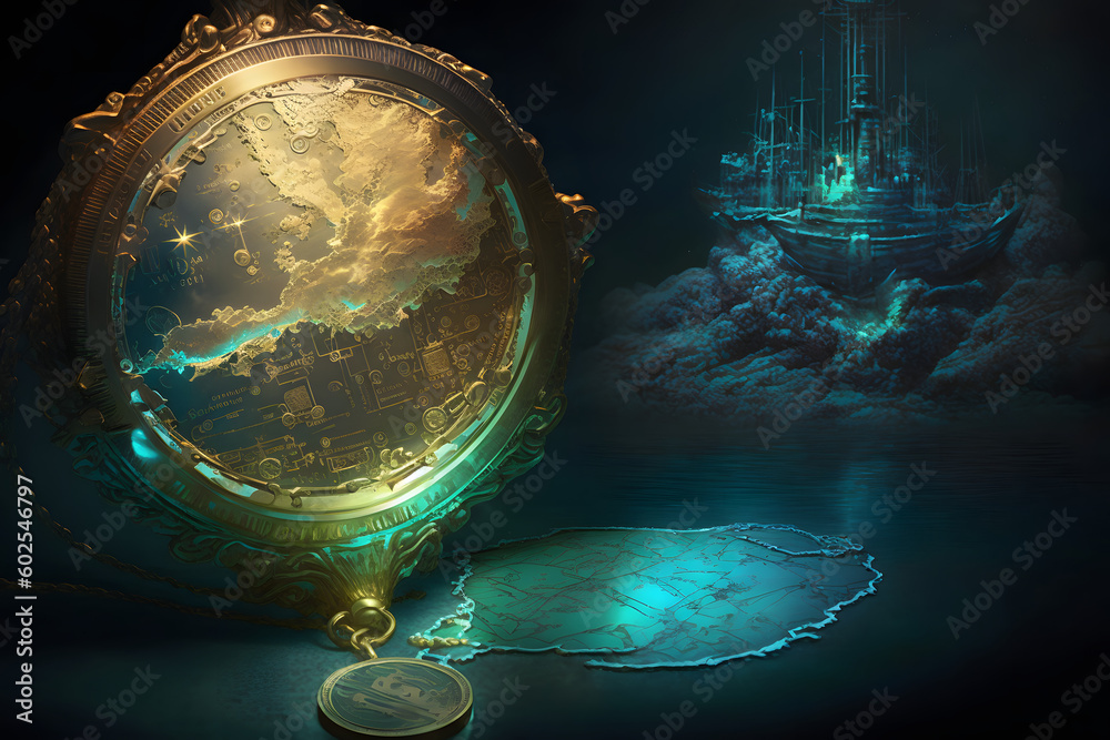 Glowing Treasure Map In Top Of Gold Coin Underwater Background Stock ...