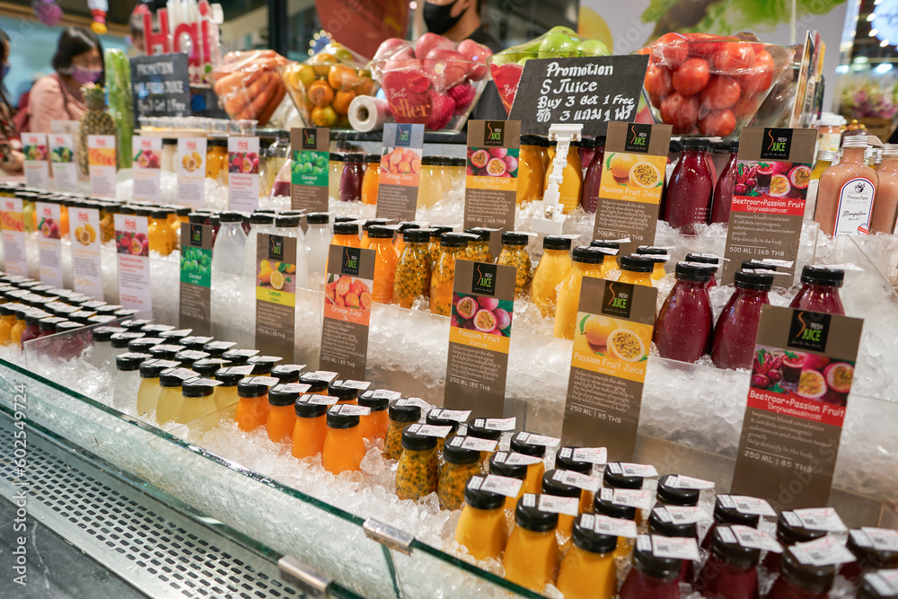 BANGKOK, THAILAND - CIRCA APRIL, 2023: assorted fruit juice in bottles ...