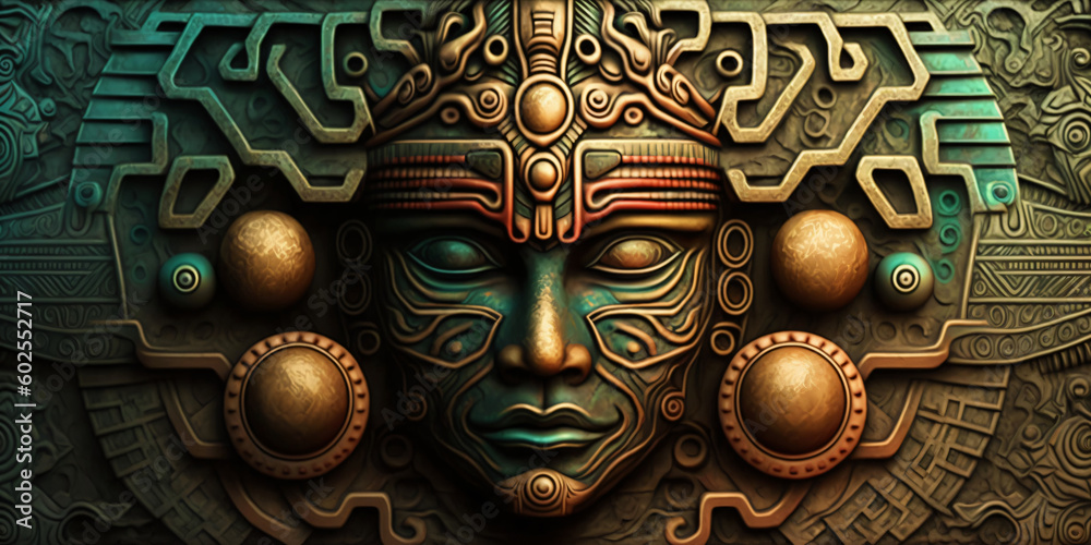 metallic fantasy portrait, mayan relief ornament, symmetrical alien ...