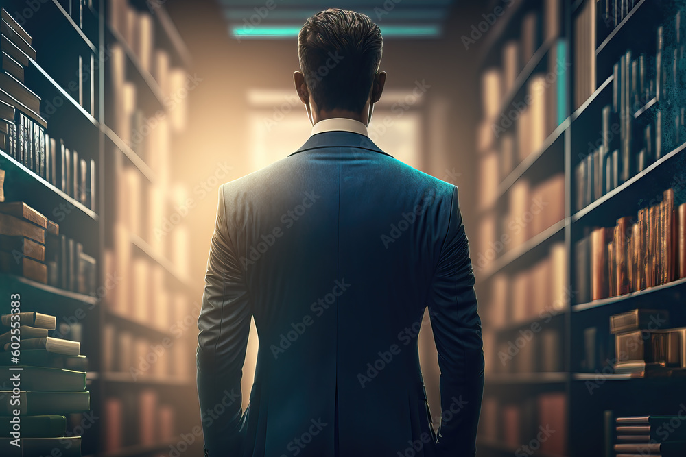 backside of man in front of bookshelves, ai generated Stock ...