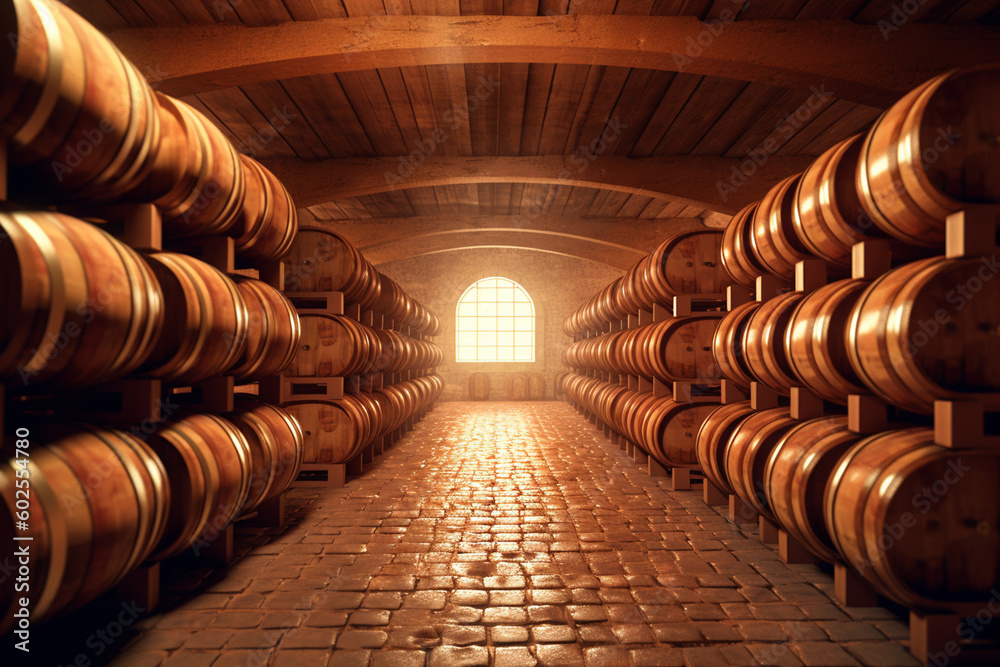 A wine cellar filled with oak barrels, representing the maturation ...