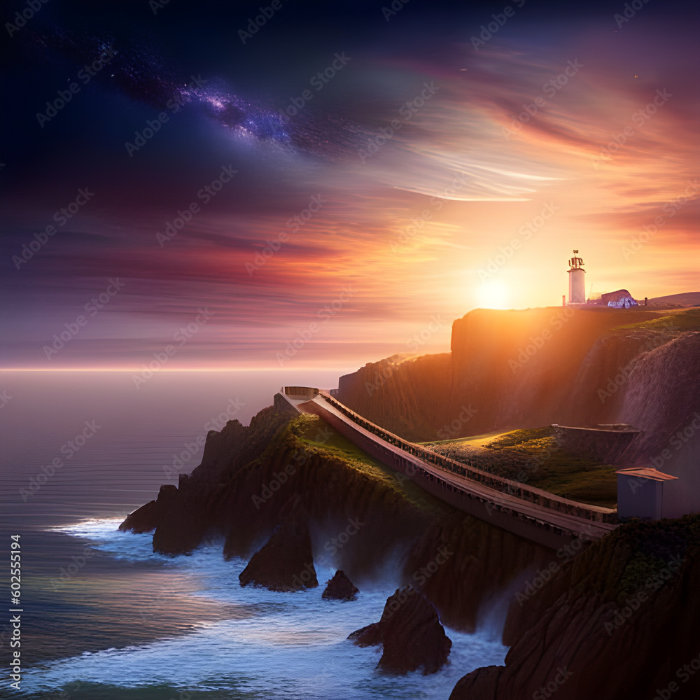 Desolate lighthouse on the cliff over sea illuminated at night ...