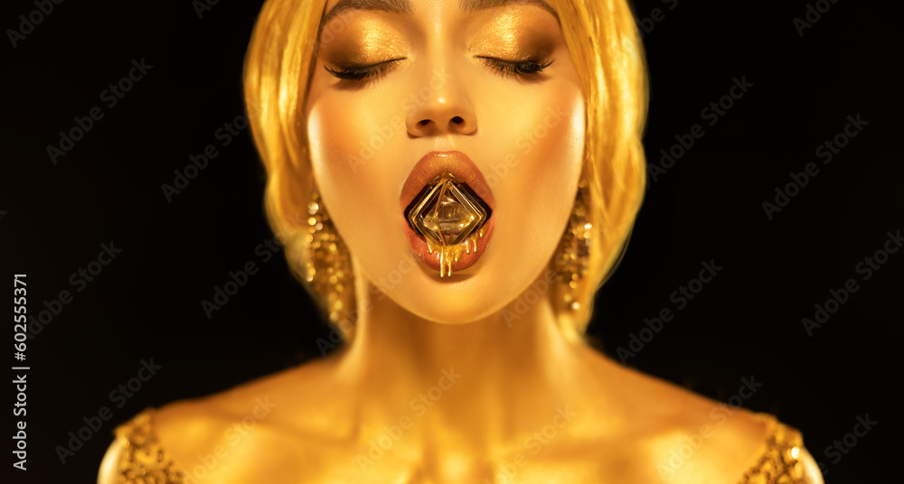 Portrait Closeup Beauty Fantasy Woman Sexy Mouth Hold Diamond Liquid Gold Drops Drip On Lips