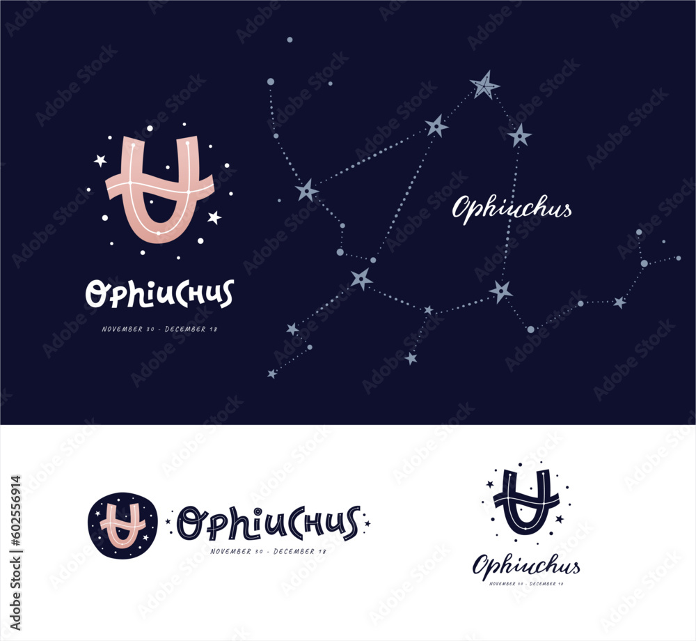 Constellation of Ophiuchus, zodiacal symbol and hand lettering with ...