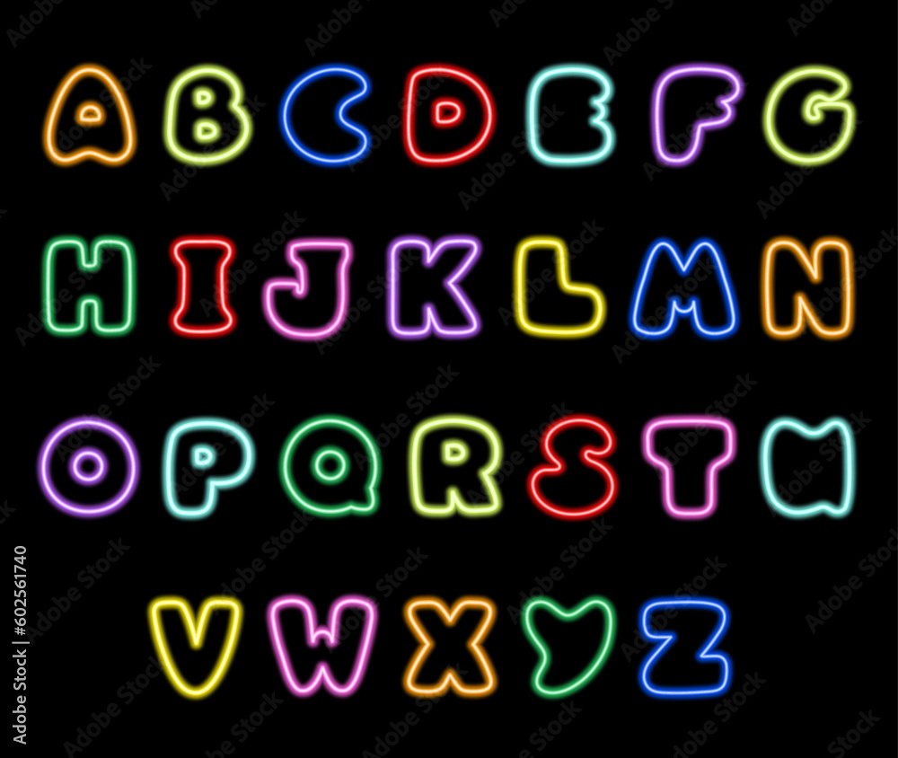 Alphabet neon. Abc letters, neon font. Neon glowing font. Hand drawn ...