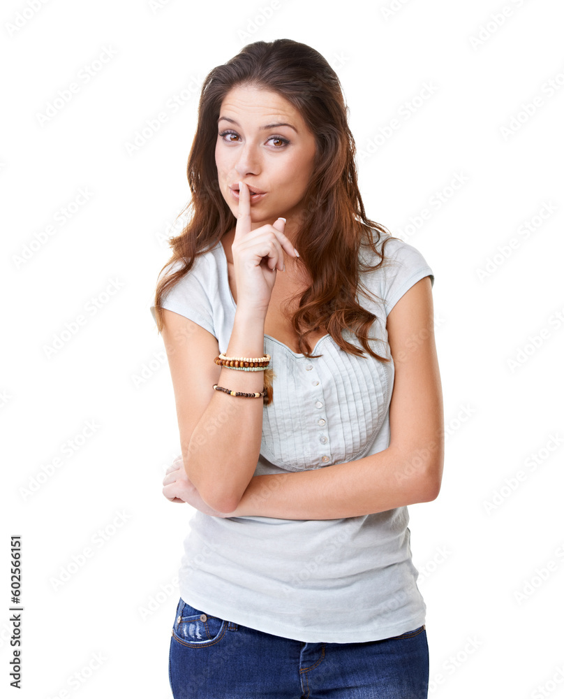 Secret, portrait and woman lips in studio, isolated white background ...