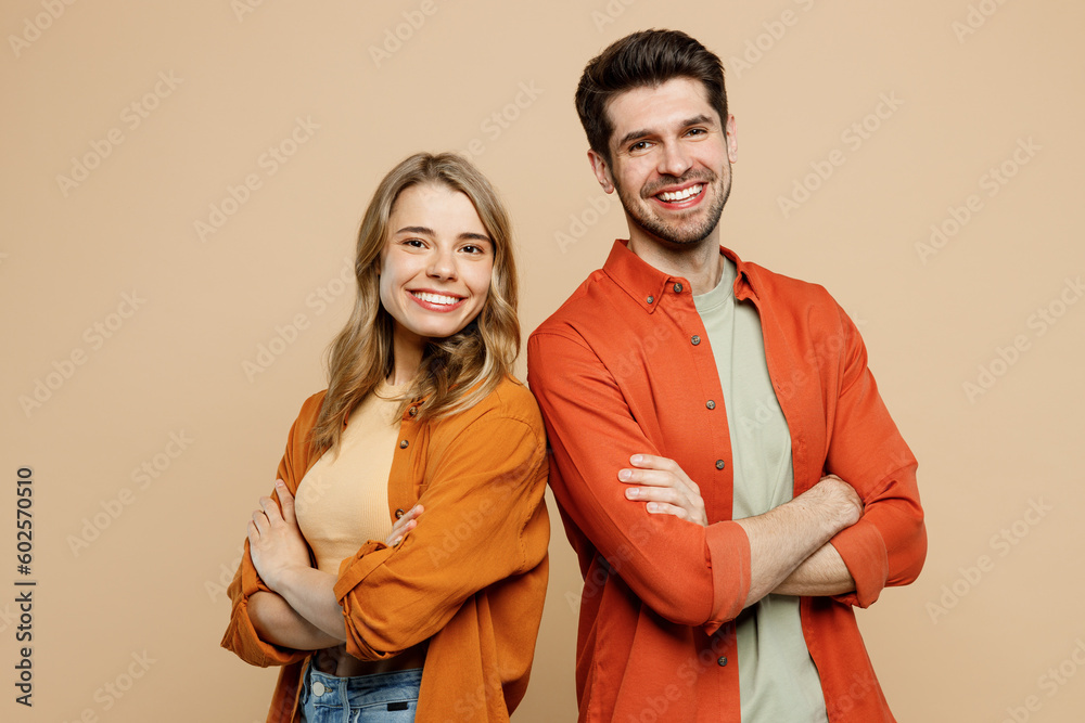 Side view young smiling happy fun cool couple two friends family man ...