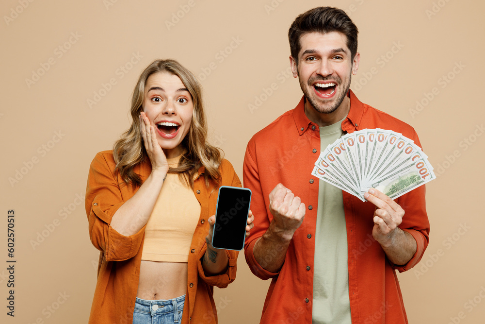Young couple two friends family man woman wear casual clothes hold in ...