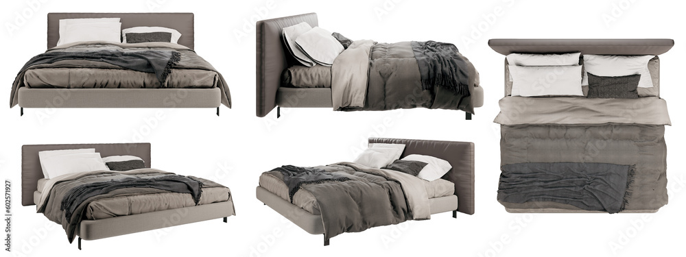 isometric bed with pillows mockup, top view, font view, side view ...