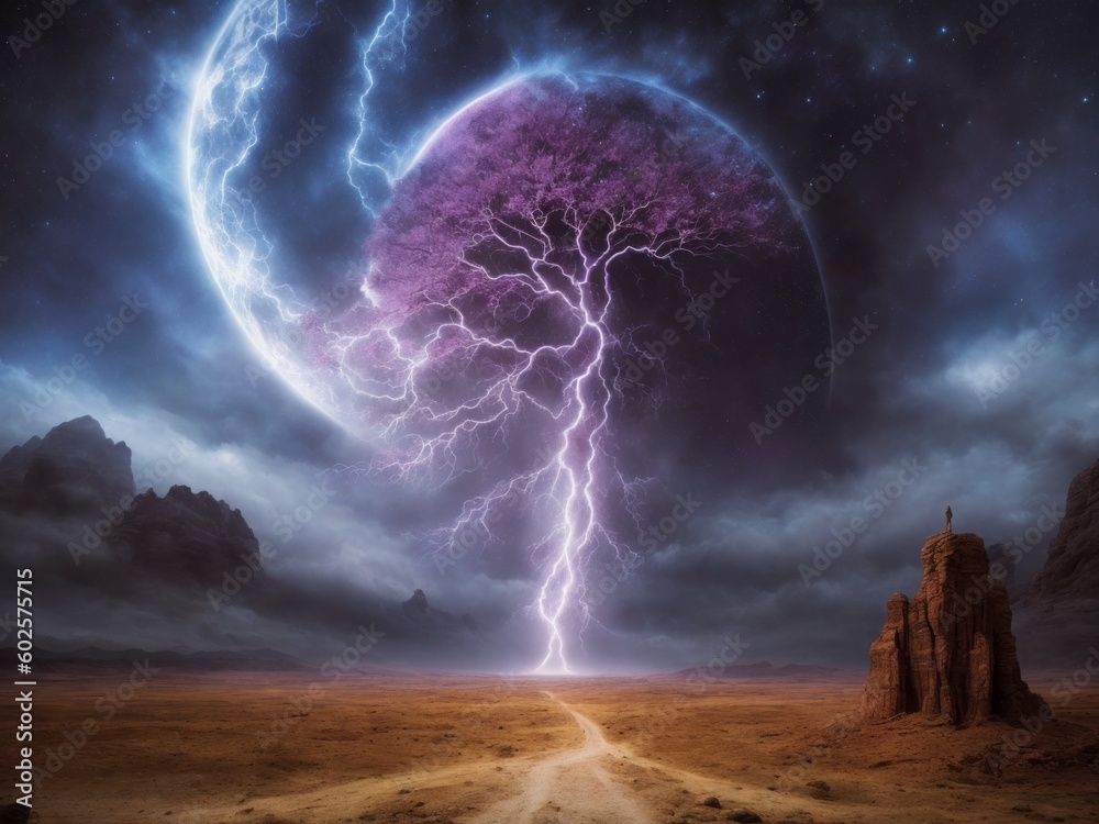 A fantasy picture in the desert where a tree and a lightning comes ...