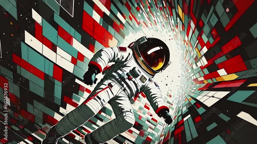 Astronaut in a spacesuit flies in space, surrealistic animation. Cosmic ...