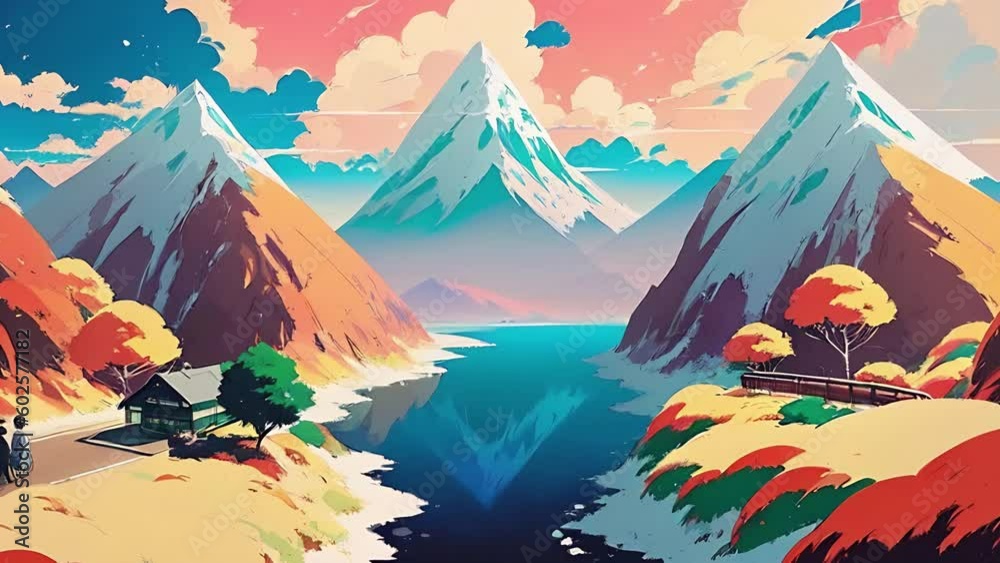Mountains landscape with river in anime style. High mountains, azure ...