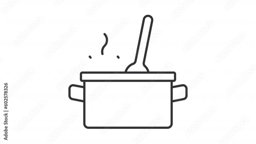 Cooking dish icon animation. Animated line spoon stirring boiling food ...