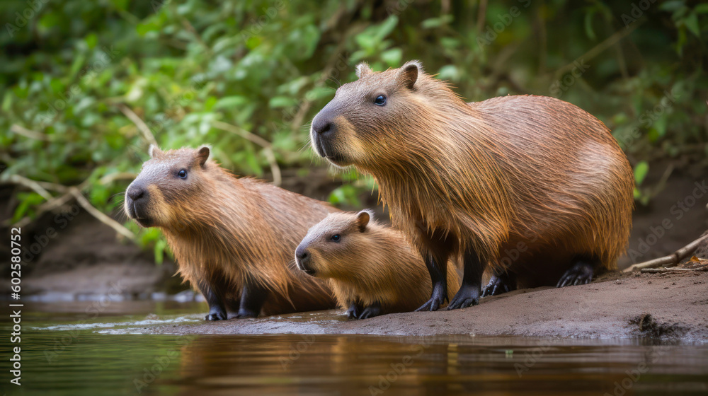 Capybara family in natural habitat. Generated AI ilustração do Stock ...