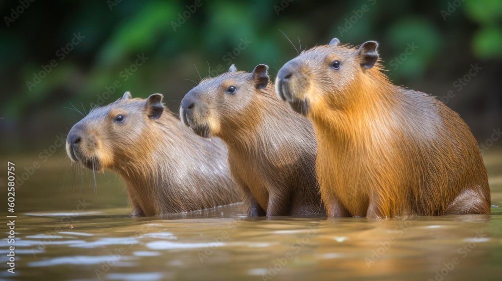 Capybara family in natural habitat. Generated AI Stock Illustration ...