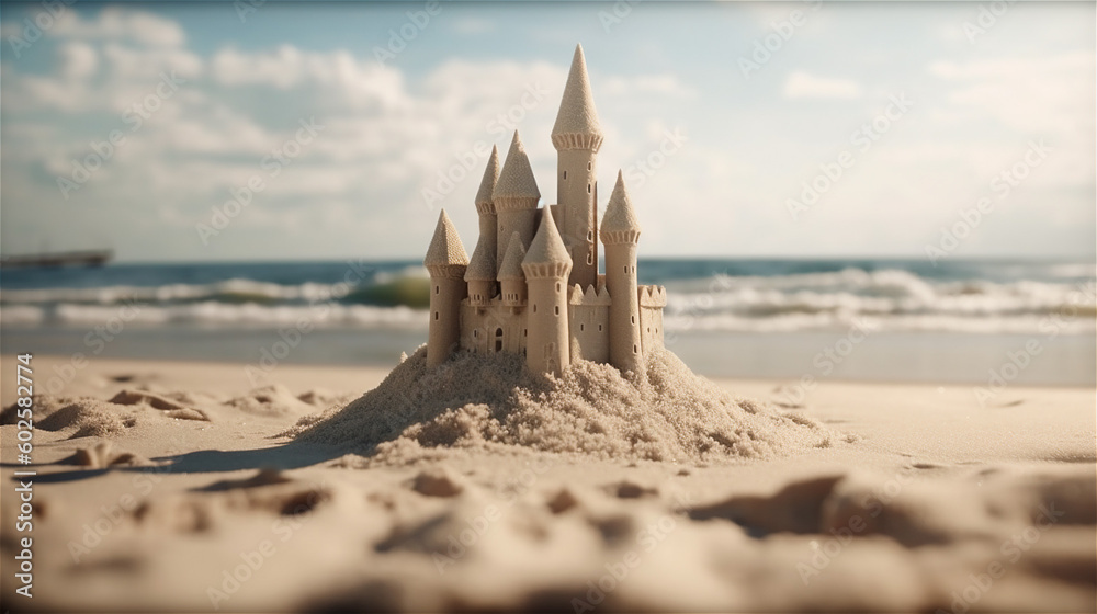 a beautifully built sandcastle on sonninge beach, gerenative AI Stock ...