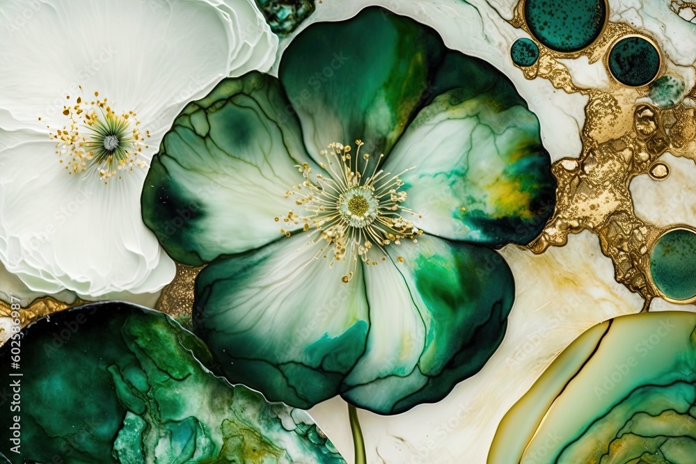 Flower marble texture with abstract green, white, glitter and gold ...