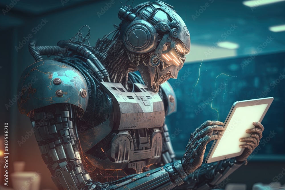 Robot hominoid using tablet computer for engineering science studying using AI thinking brain ...
