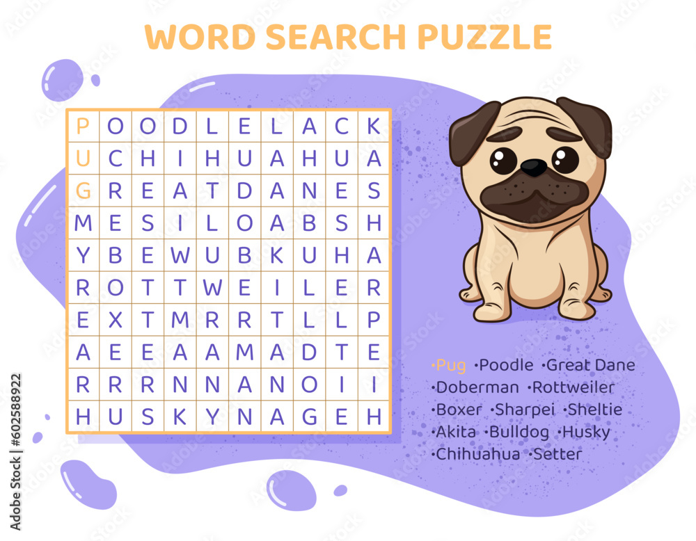 Vetor de Word search puzzle with various dog breeds. do Stock | Adobe Stock