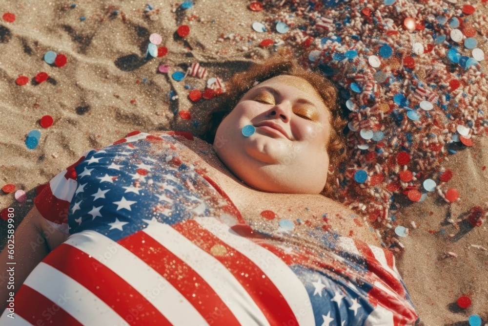 top view of happy overweight fat man laying on the beach celebrating ...