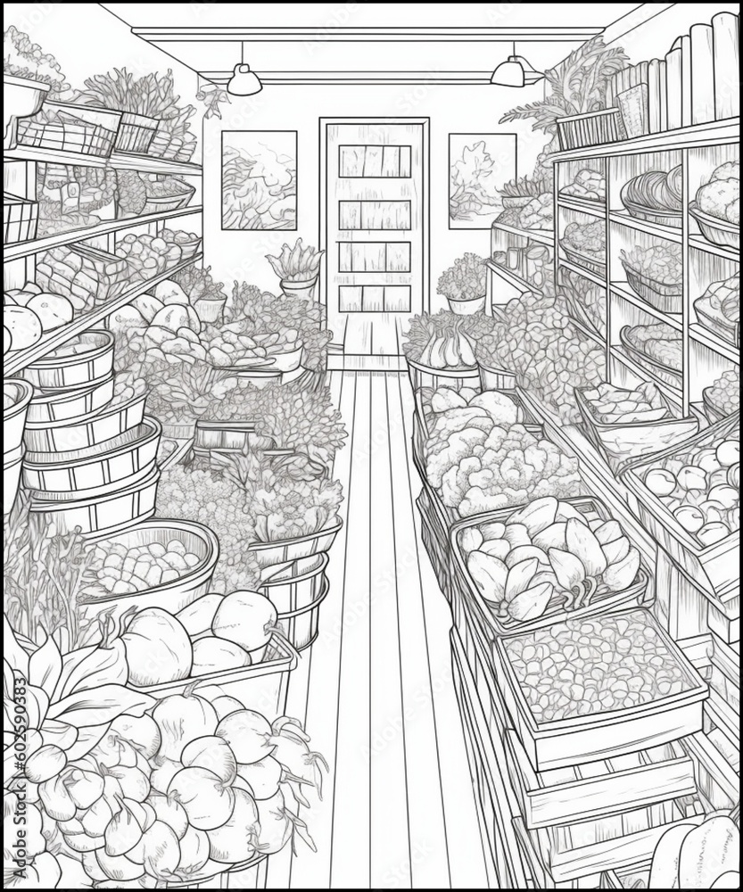 Vegetables in Supermarket Coloring Pages Stock Illustration | Adobe Stock