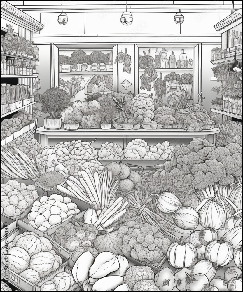 Vegetables in Supermarket Coloring Pages Stock Illustration | Adobe Stock