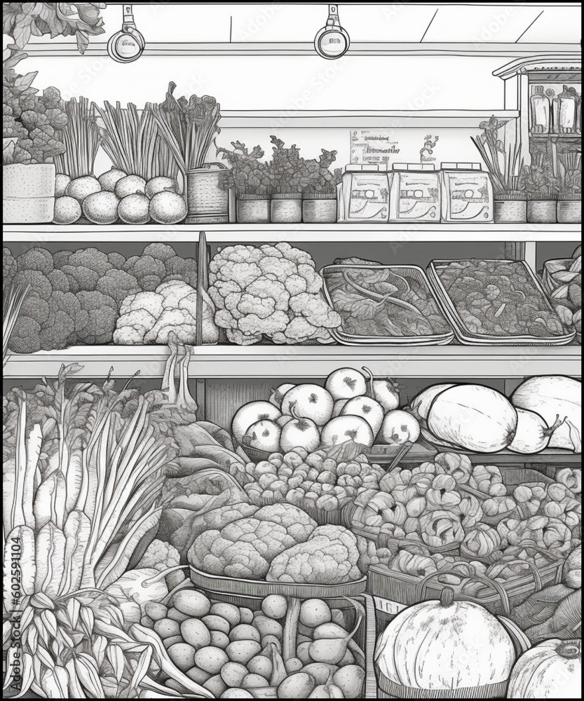 Vegetables in Supermarket Coloring Pages Stock Illustration | Adobe Stock